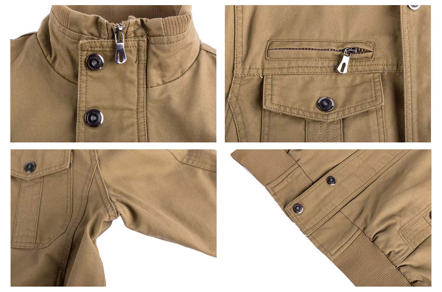 CRYSULLY Men's Bomber Jacket with Patches Cargo Cotton Utility Full Zip Military Jacket Khaki