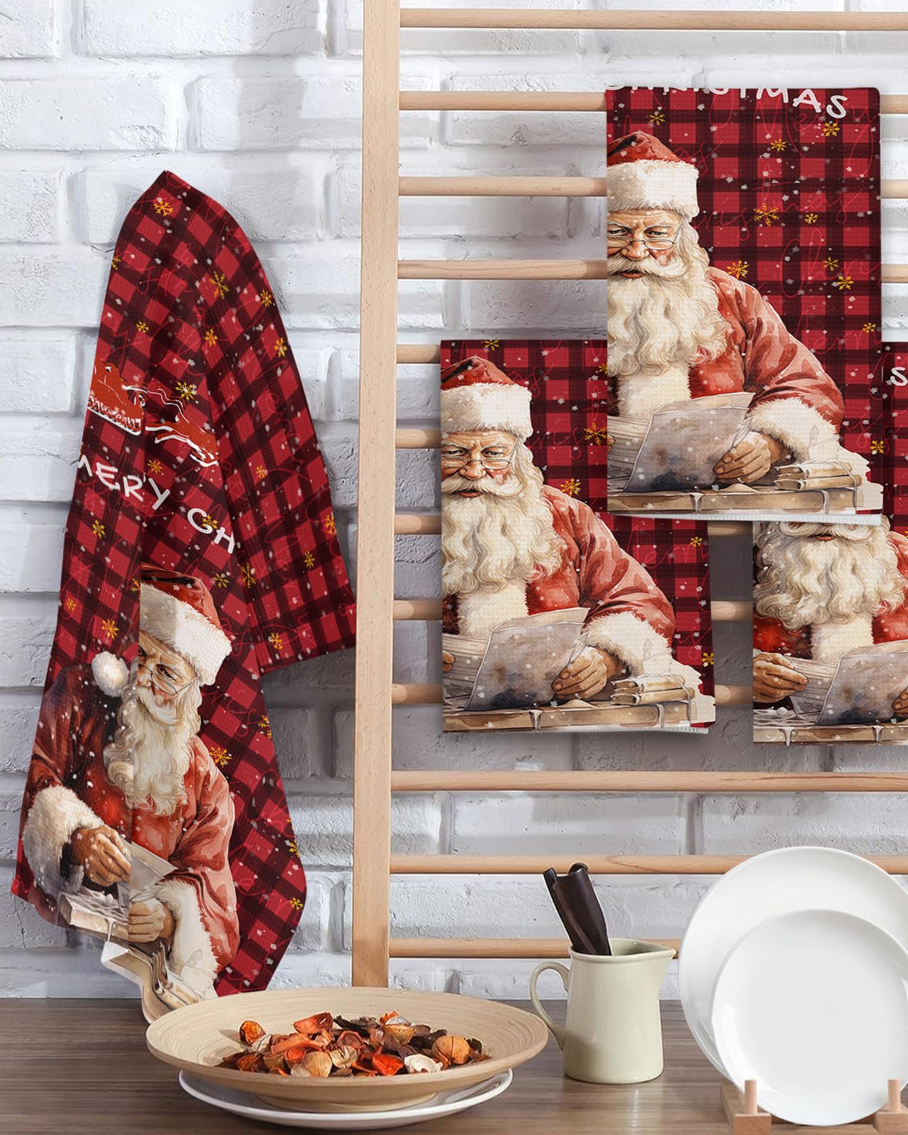 Onekaccu Watercolor Santa Claus Dish Towels Set, Waffle Weave Kitchen Towels Microfiber Towels Cleaning Christmas Elk Snowflake Red Soft Absorbent Dish Drying Towels Hand Towels 2 Pack 15.7x23.6 in