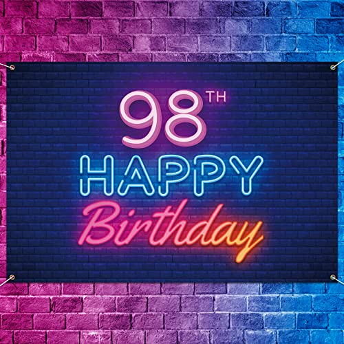 Glow Neon Happy 98th Birthday Backdrop Banner Decor Black – Colorful Glowing 98 Years Old Birthday Party Theme Decorations for Men Women Supplies