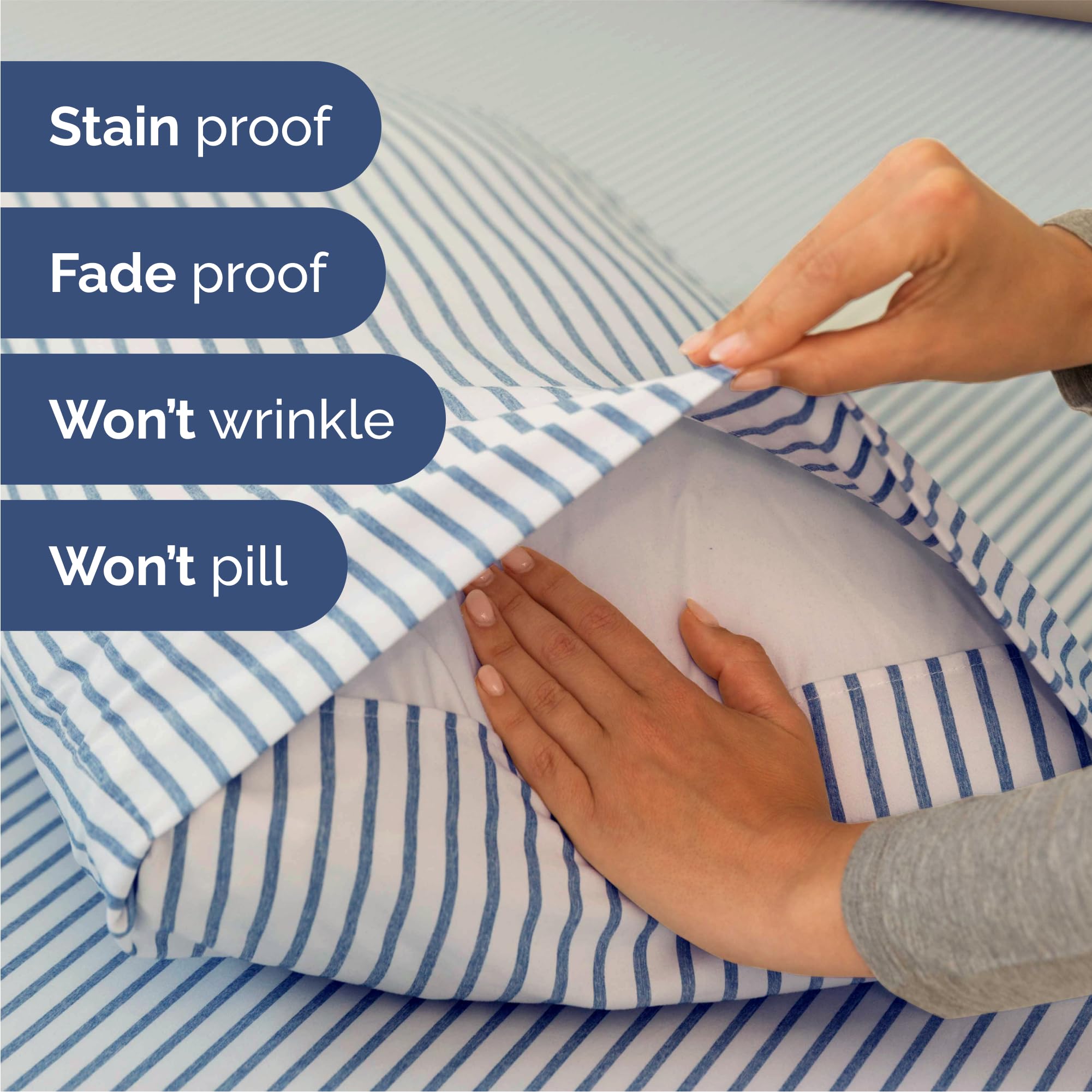 Queen Size 4 Piece Sheet Set - Breathable & Cooling Sheets - Hotel Luxury Bed Sheets for Women, Men, Kids & Teens - Deep Pockets, Easy-Fit, Wrinkle Free Sheets - Blue Stripes Oeko-Tex Bed Sheet Set