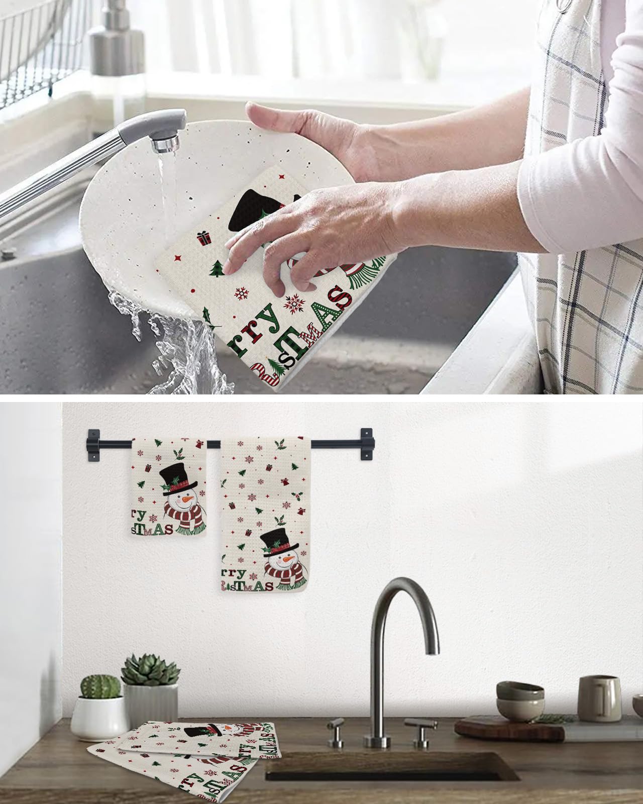 Onekaccu Farmhouse Christmas Dish Towels Set, Waffle Weave Kitchen Towels Microfiber Towels Cleaning Merry Xmas Snowman Soft Absorbent Dish Drying Towels Hand Towels 4 Pack 15.7x23.6 in