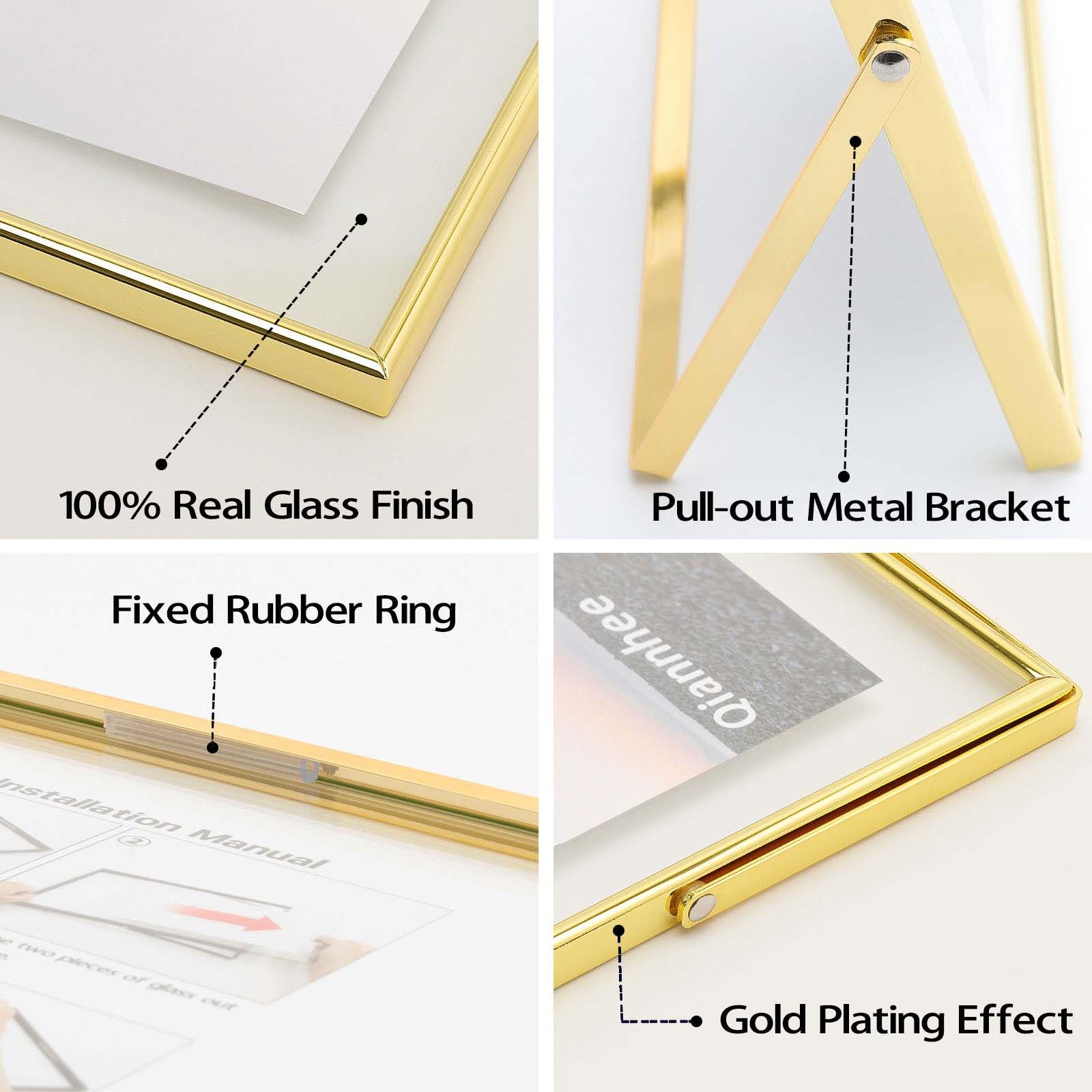 Qiannhee 8x10 Floating Frame (Horizontal), Gold Picture Frame Hold 8x10in 6x8in 5x7in Photo for Tabletop Display, Gift Choice for Festival-Glass Metal Stand Frame (Gold, 2 Pack)