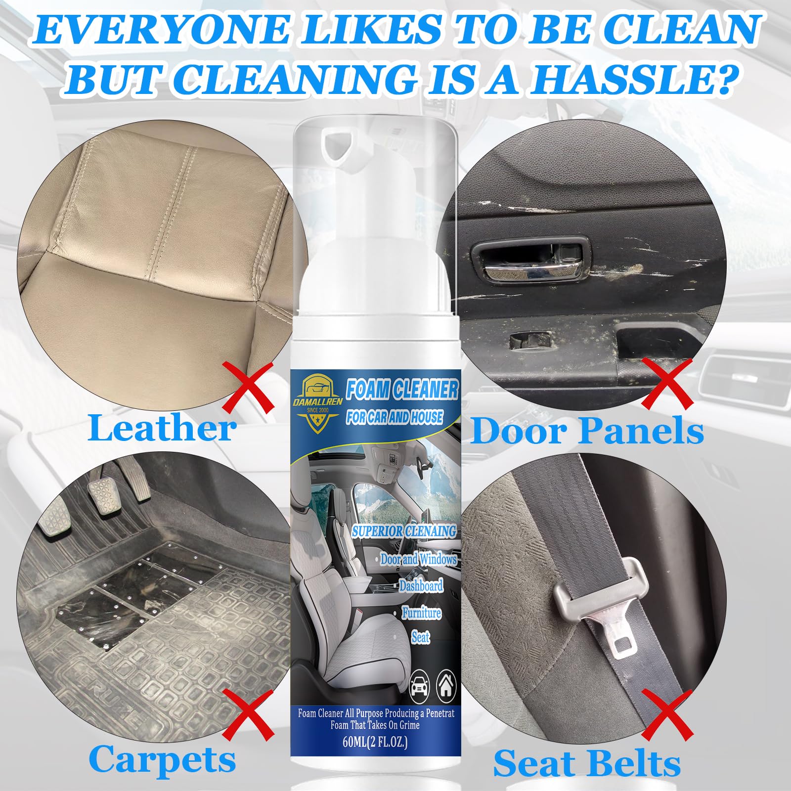 Foam Cleaner For Car, 2 Pack Interior Car Cleaning Kit for Car and House, Car Interior Cleaner Remove Stain from Leather, Carpet, Upholstery, Fabric, Lemon Flavor Car Detailing Kit Interior Cleaner