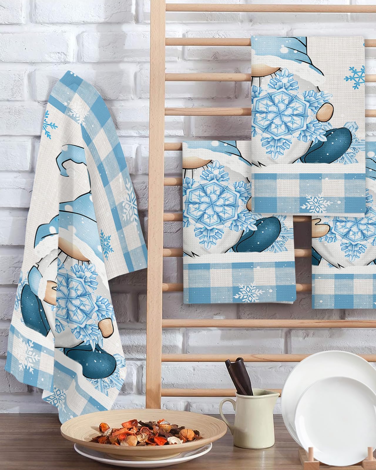Blue Plaid Gnomes Winter Dish Towels Set, Waffle Weave Kitchen Towels Microfiber Towels Cleaning Christmas Snowflake Rustic Burlap Soft Absorbent Dish Drying Towels Hand Towels 2 Pack 15.7x23.6 In