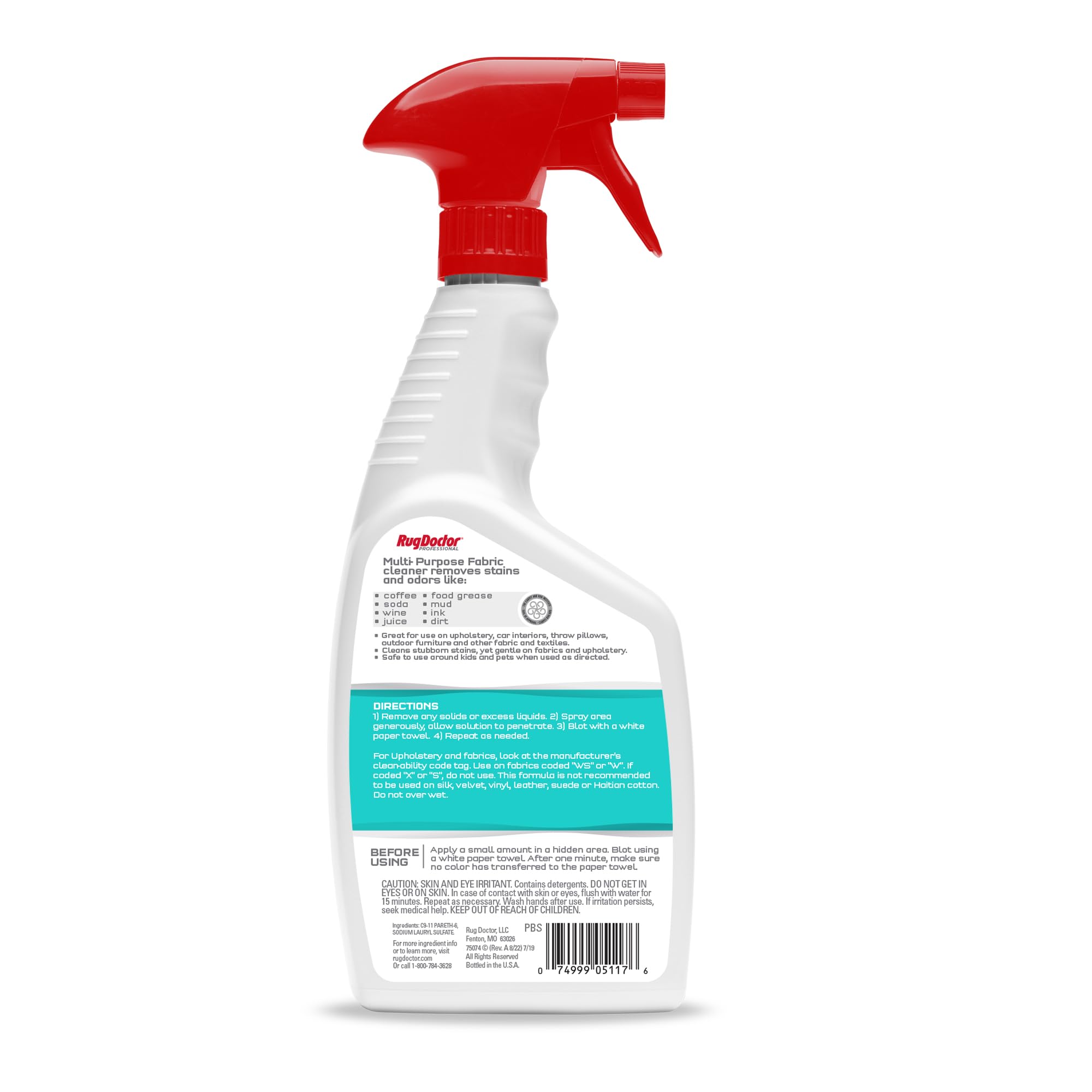 Rug Doctor Fabric + Upholstery Multipurpose Cleaner, 24 oz. Ready-To-Use Spray Bottle, Fabric Cleaner Formula, Gently Removes Tough Stains