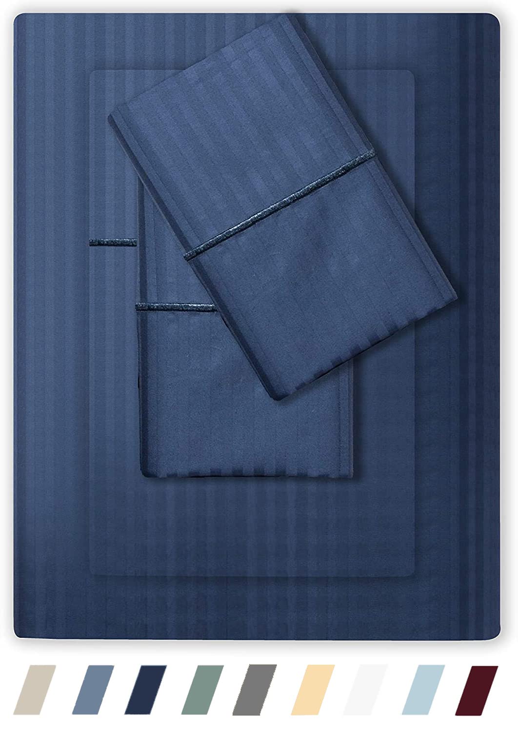 Feather & Stitch 500 TC Twin Size Damask Bed Sheet Set, 100% Cotton Soft Breathable Bedsheets, 3 Piece 18" Deep Pockets Sateen Weave Striped Bedding Mattress Resort Hotel Luxury- (Dark Blue, Twin)