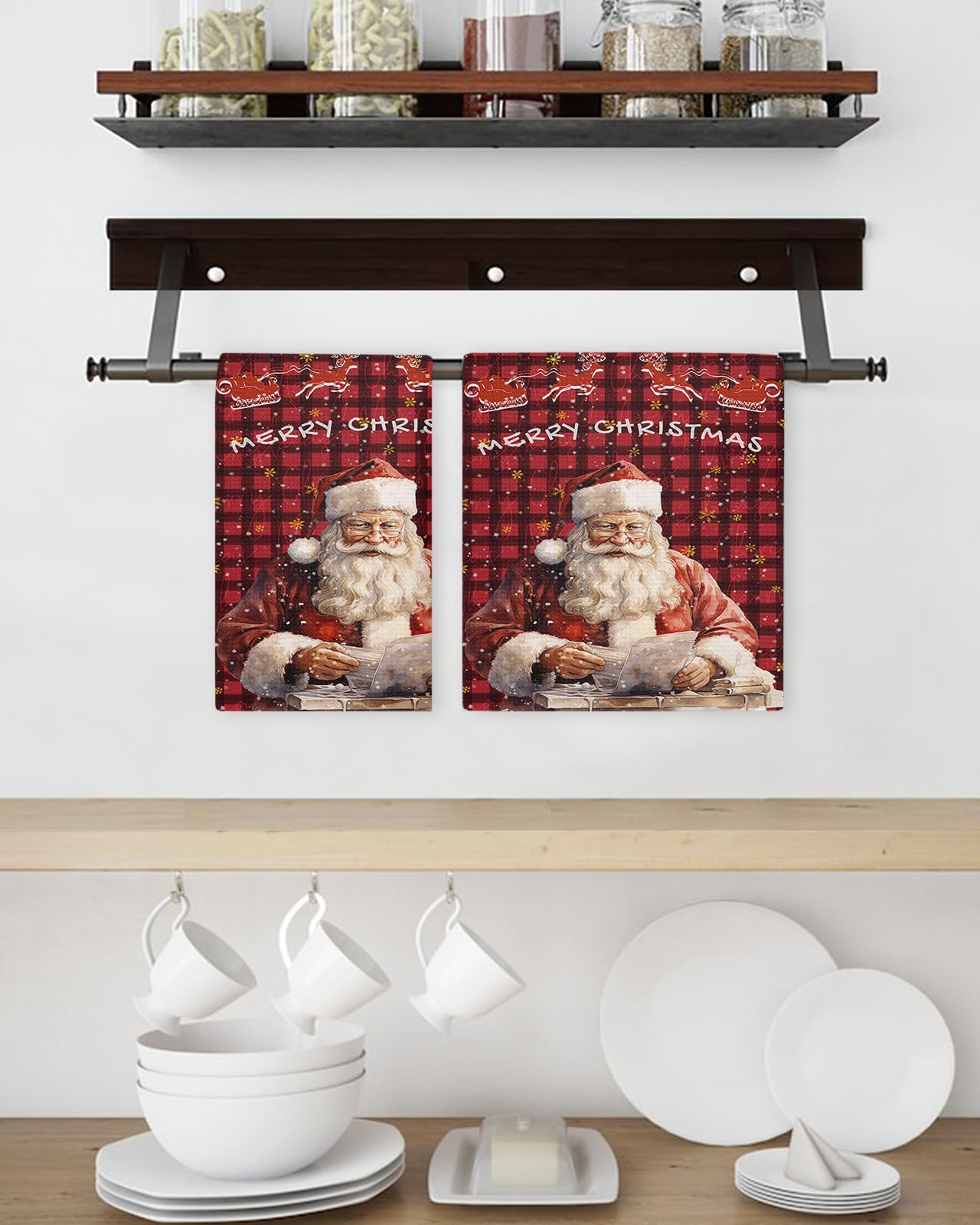 Onekaccu Watercolor Santa Claus Dish Towels Set, Waffle Weave Kitchen Towels Microfiber Towels Cleaning Christmas Elk Snowflake Red Soft Absorbent Dish Drying Towels Hand Towels 2 Pack 15.7x23.6 in