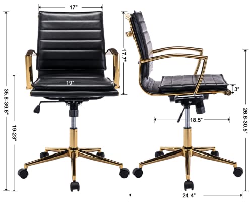 EALSON Modern Leather Desk Chair Ergonomic Office Chair with Wheels and Arms Gold Base Comfortable Computer Task Chair Adjustable Swivel Executive Chair for Home Office, Black