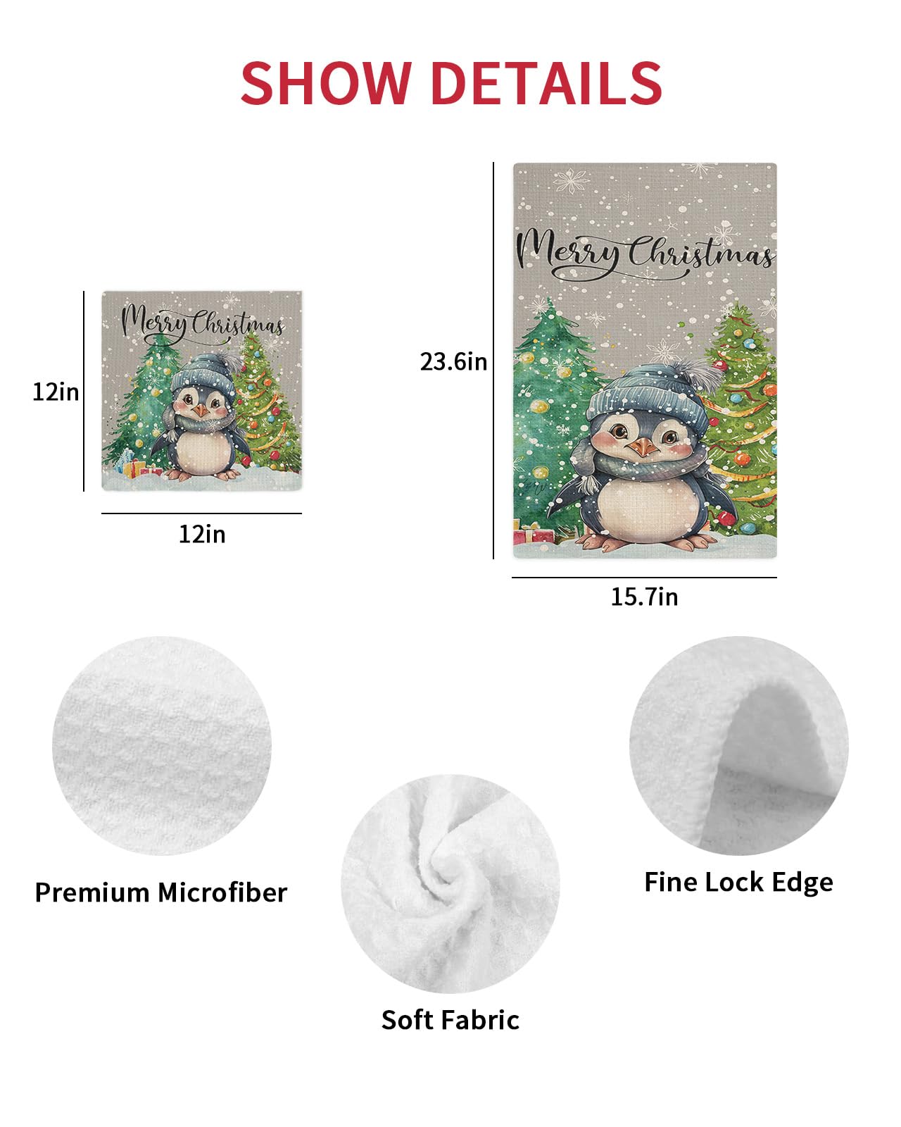Onekaccu Christmas Dish Towels Set, Waffle Weave Kitchen Towels Microfiber Towels Cleaning Penguin Xmas Tree Snowflake Gray Painting Soft Absorbent Dish Drying Towels Hand Towels 2 Pack 12x12 in