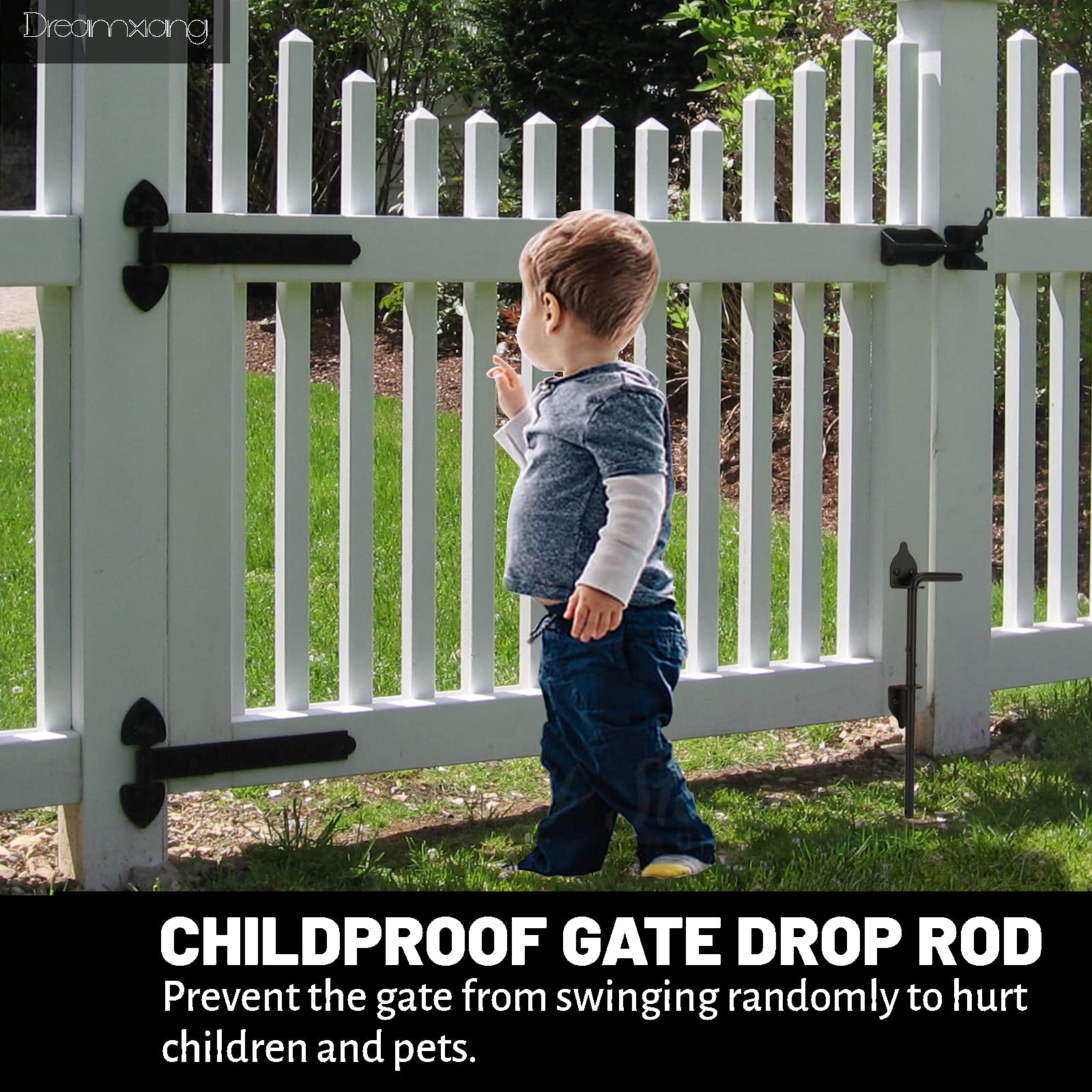 12" Heavy Duty Cane Bolt Gate Drop Rod Hardware Ground Latch for Wood PVC Vinyl Metal Fences Gates, Double Doors, Black Solid Steel -1 Pack