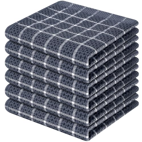 Fintale Kitchen Dish Cloths 6 Pack,12 x 12 Inches,100% Cotton Waffle Weave Soft and Super Absorbent Dish Towels, Quick Drying Dish Rags for Washing Dishes, Lattice Designed, Grey