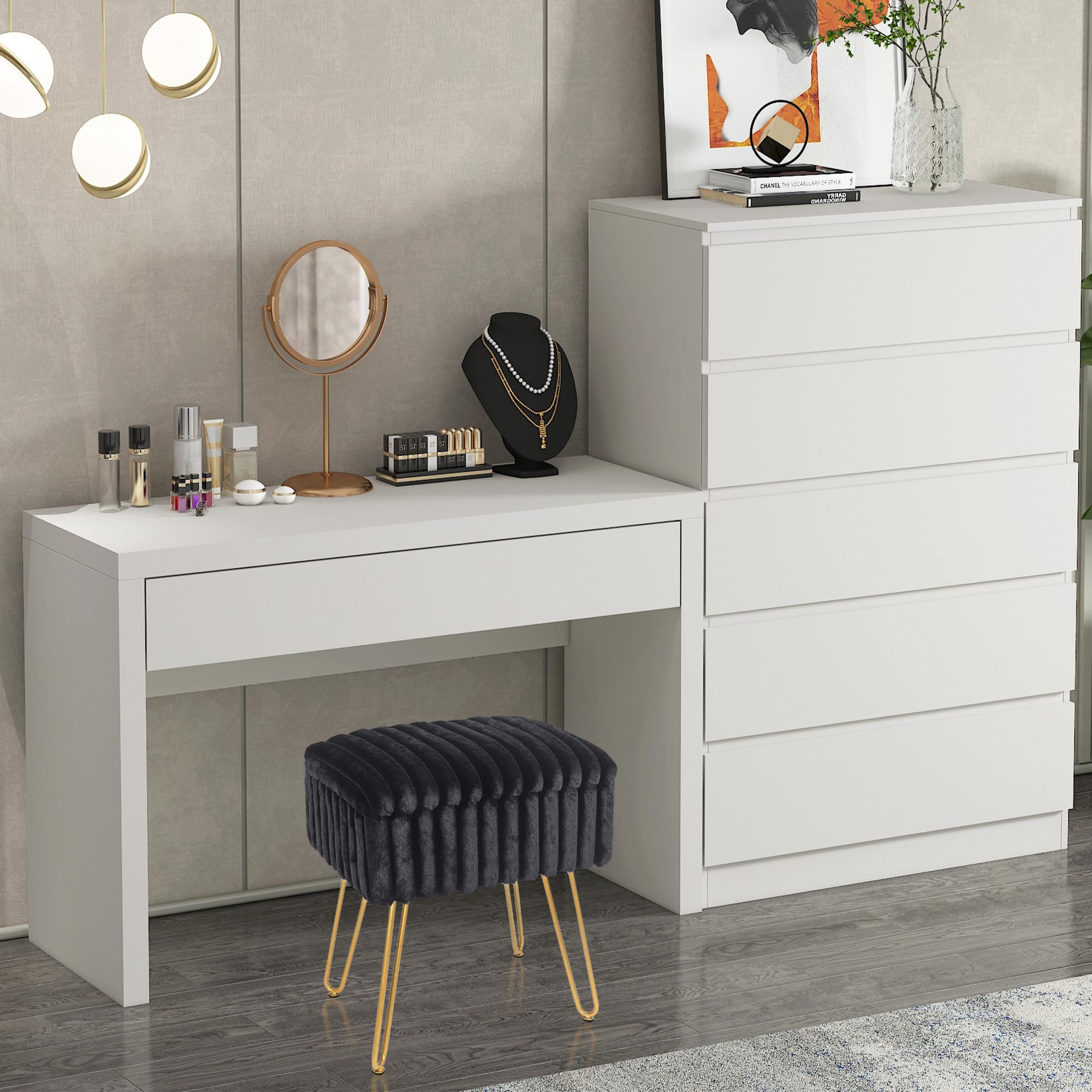 AKOZLIN Velvet Storage Ottoman Seat Modern Soft Vanity Stool Chair with 4 Gold Metal Legs for Makeup,Drawing,Living Room-Black 16.5" W x 13.4" D x 19.3" H