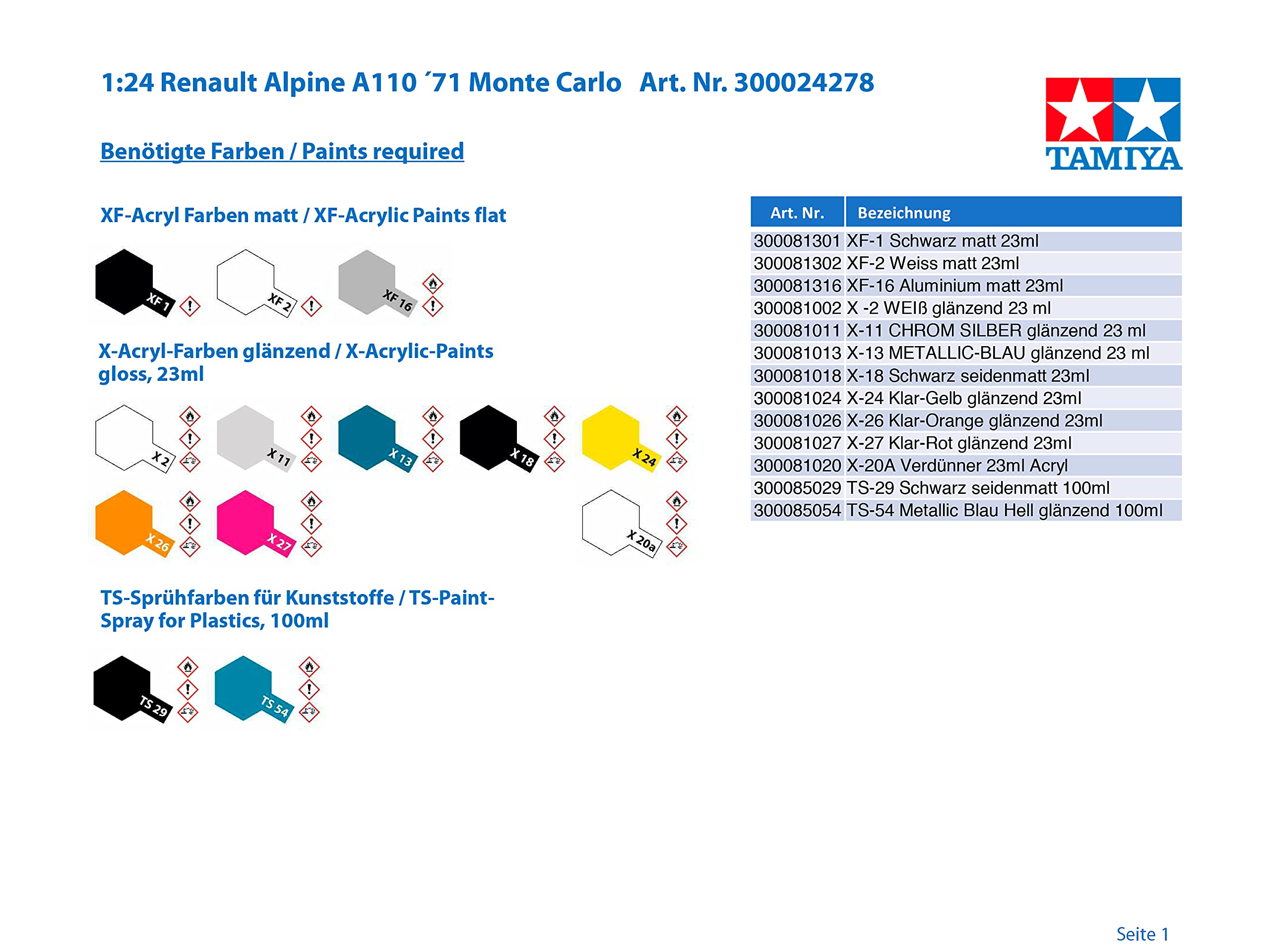 Tamiya 300024278 1:24 Renault Alpine A110 β71 Monte Carlo, Blue