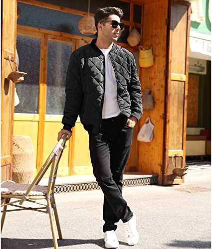 Pretifeel Mens Bomber Jackets Diamond Quilted Fall Winter Rib Varsity Lightweight Coat