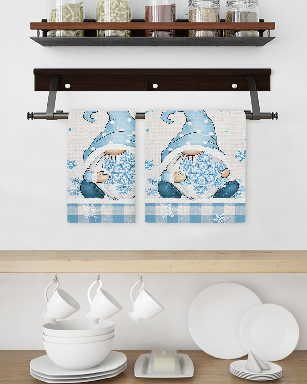 Blue Plaid Gnomes Winter Dish Towels Set, Waffle Weave Kitchen Towels Microfiber Towels Cleaning Christmas Snowflake Rustic Burlap Soft Absorbent Dish Drying Towels Hand Towels 2 Pack 15.7x23.6 In