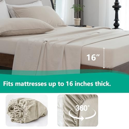 Talasily Linen Sheets Queen Linen Bed Sheet, 4 Piece Breathable Linen Cotton Sheets Queen Size Set, Linen Cotton Blend Sheets for All Seasons- Deep Pockets, Easy-Fit, (Queen, Beige)
