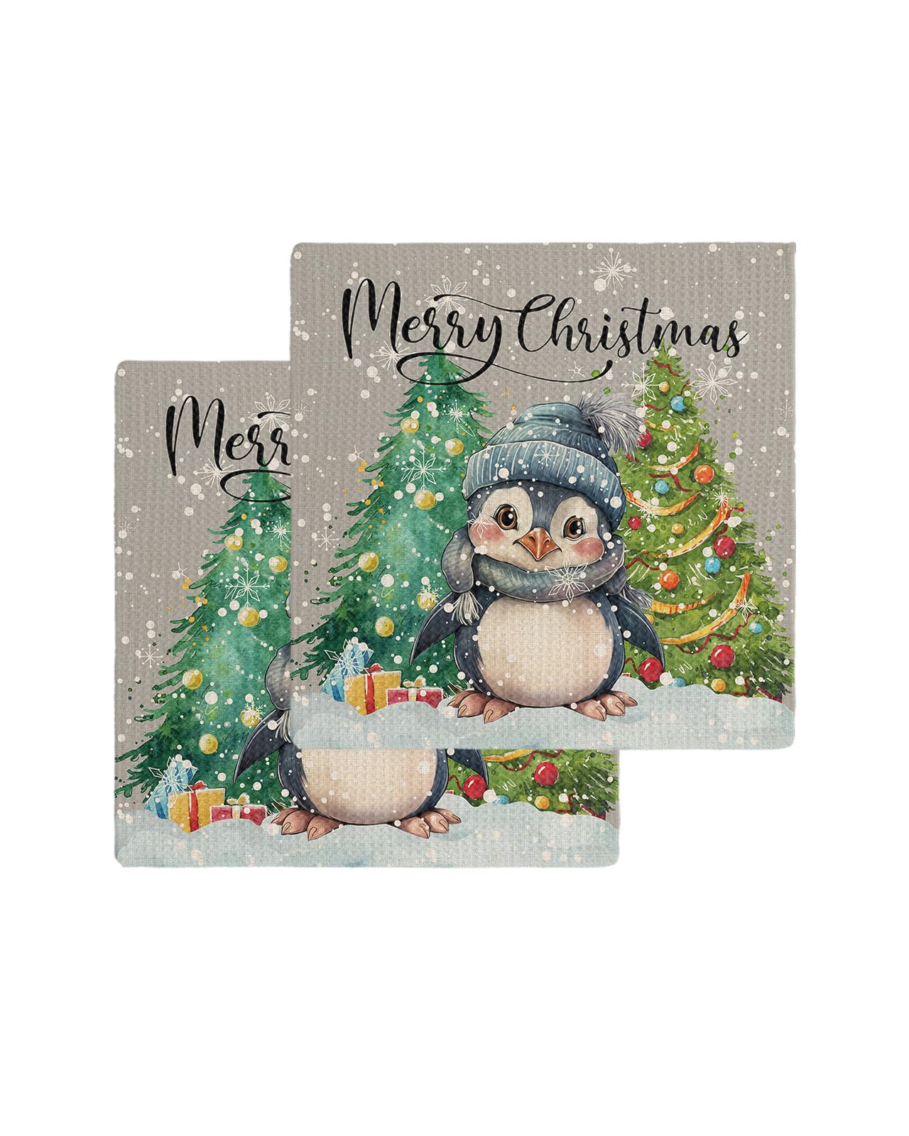 Onekaccu Christmas Dish Towels Set, Waffle Weave Kitchen Towels Microfiber Towels Cleaning Penguin Xmas Tree Snowflake Gray Painting Soft Absorbent Dish Drying Towels Hand Towels 2 Pack 12x12 in