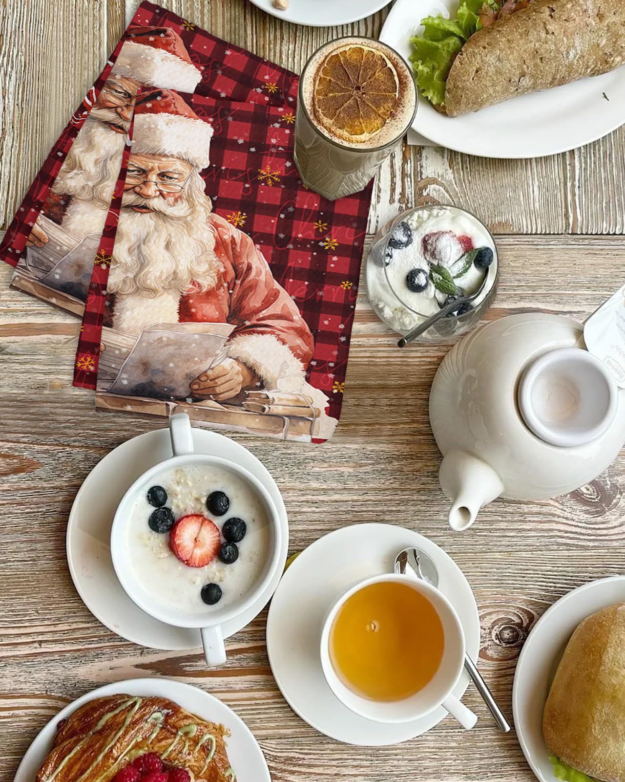 Onekaccu Watercolor Santa Claus Dish Towels Set, Waffle Weave Kitchen Towels Microfiber Towels Cleaning Christmas Elk Snowflake Red Soft Absorbent Dish Drying Towels Hand Towels 2 Pack 15.7x23.6 in