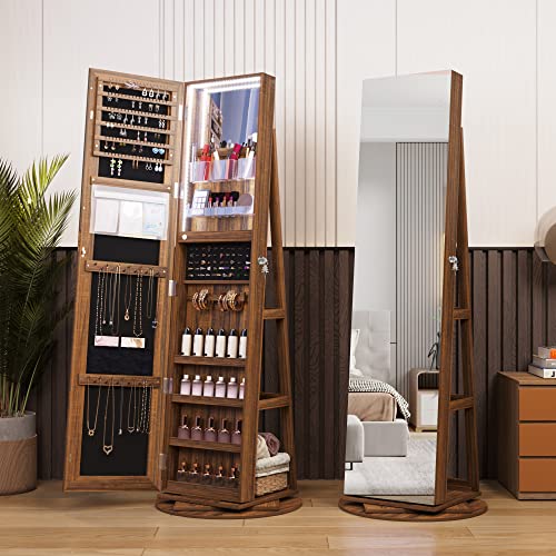 HNEBC LED Light Jewelry Organizer Mirror 360°Rotating, Armoire with Door Mirror, Full Length Cabinet Storage, Large Boxes & Organizers（A Light Brown）