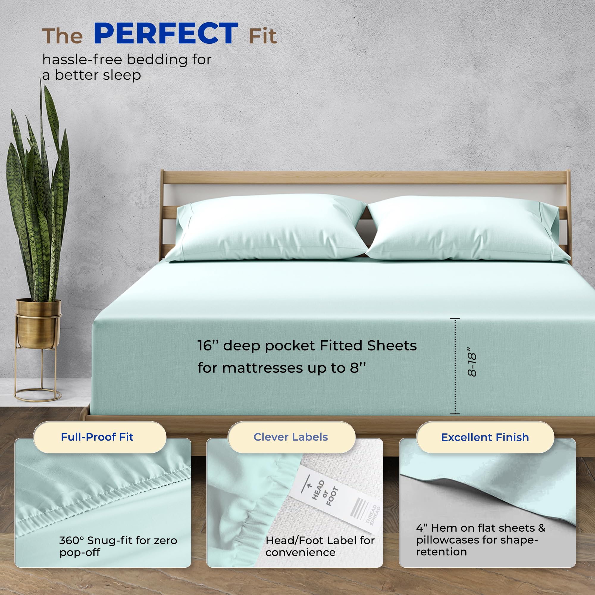 THREAD SPREAD 100% Egyptian Cotton Sheets Set King - 1000 High Thread Count, Luxury 5-Star Hotel 4 PC Sateen Bed Sheets King Size, Soft, Breathable Extra Long Staple 16" Deep Pocket Sheets - Sea Foam