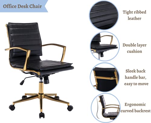 EALSON Modern Leather Desk Chair Ergonomic Office Chair with Wheels and Arms Gold Base Comfortable Computer Task Chair Adjustable Swivel Executive Chair for Home Office, Black