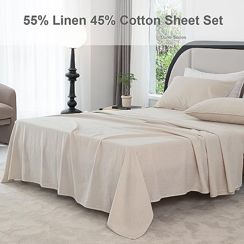 Talasily Linen Sheets Queen Linen Bed Sheet, 4 Piece Breathable Linen Cotton Sheets Queen Size Set, Linen Cotton Blend Sheets for All Seasons- Deep Pockets, Easy-Fit, (Queen, Beige)