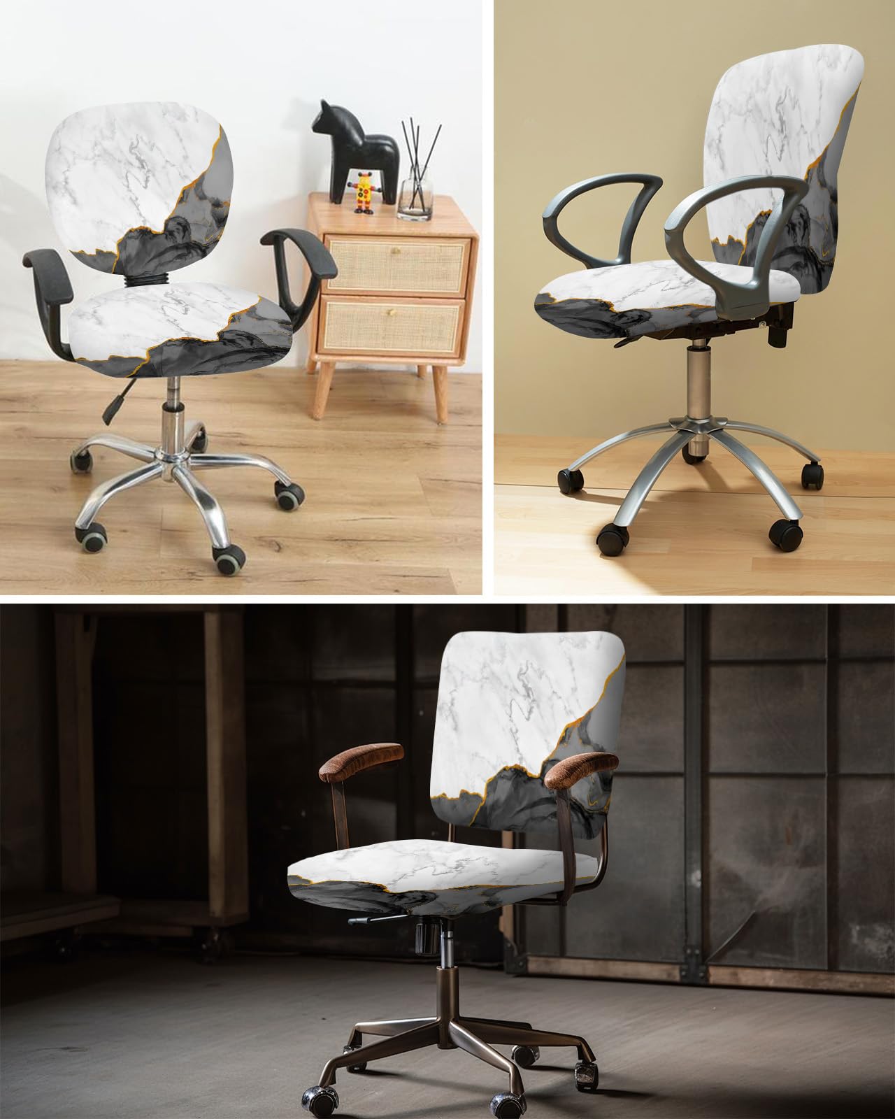 Marble Black Grey 2 Pieces Computer Office Chair Covers Set, Stretchable Desk Rotating Chair Seat Cushion Slipcover Back Covers, Decorative Protectors Cover Minimalist Abstract Gold Modern Art