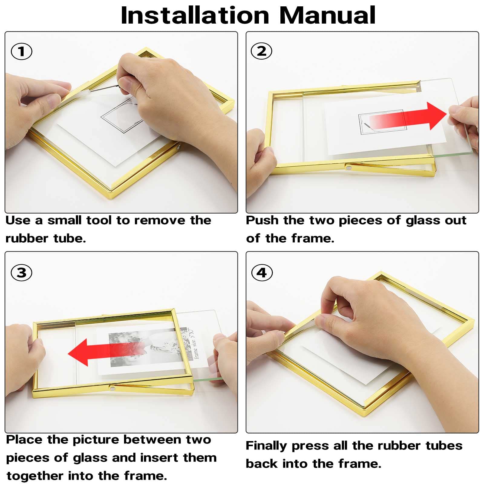 Qiannhee 8x10 Floating Frame (Horizontal), Gold Picture Frame Hold 8x10in 6x8in 5x7in Photo for Tabletop Display, Gift Choice for Festival-Glass Metal Stand Frame (Gold, 2 Pack)