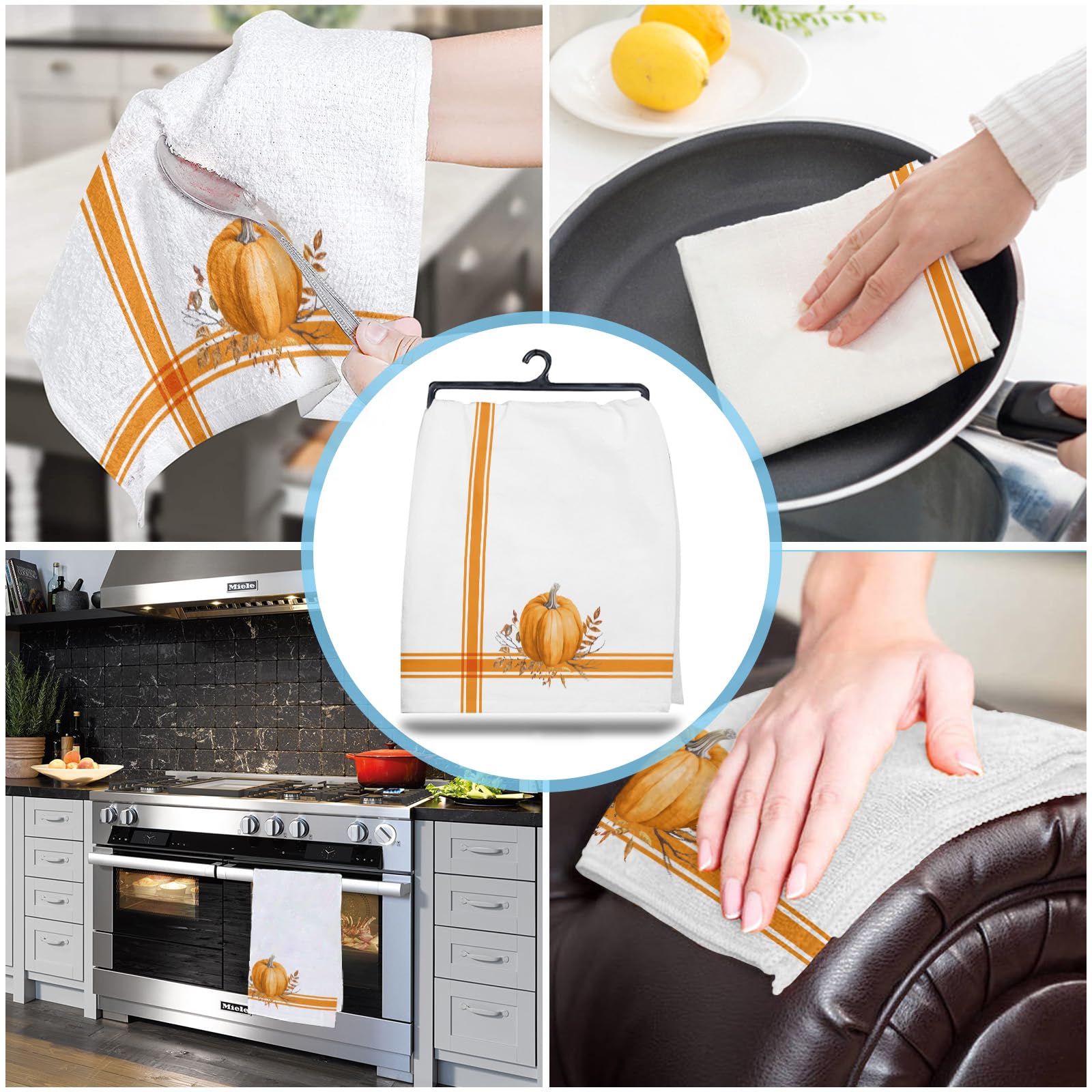 ZOE GARDEN Thanksgiving Pumpkin Kitchen Towels,Absorbent Microfiber Kitchen Dish Hand Tea Bath Towel,Quick Dry Cleaning Cloth Dishclothes Decorative Sets, Fall Eucalyptus Stripes (2-PC, 18x28)