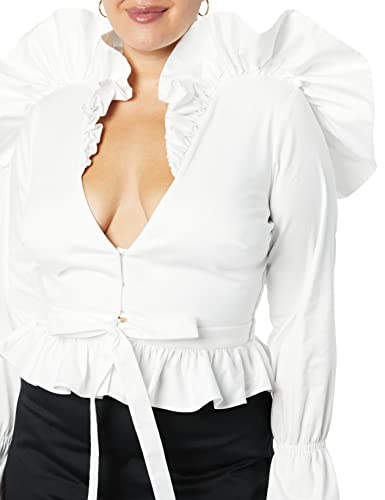 Making the Cut Season 3 Episode 1 Ruffle Long Sleeve Blouse Inspired by Sienna's Winning Look, White, XL