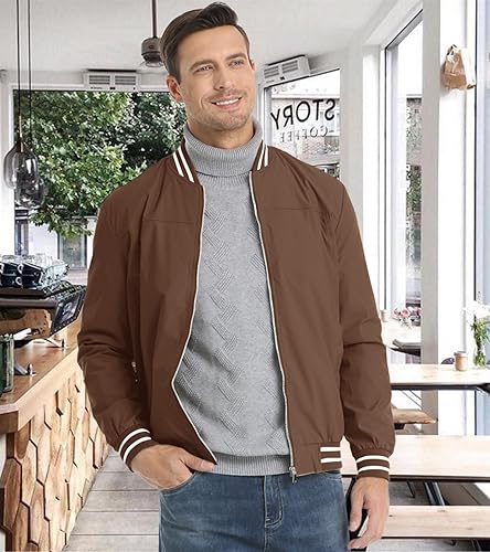 EKLENTSON Mens Jackets Lightweight Collared Golf Bomber Varsity Jackets for Men, Brown, X-Large