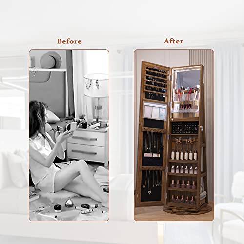 HNEBC LED Light Jewelry Organizer Mirror 360°Rotating, Armoire with Door Mirror, Full Length Cabinet Storage, Large Boxes & Organizers（A Light Brown）