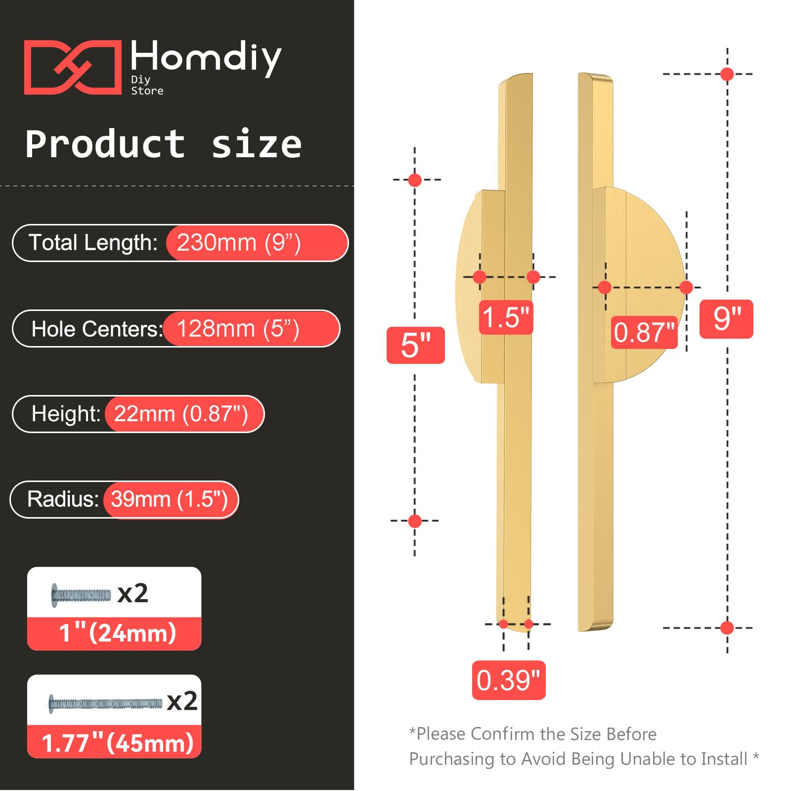 homdiy 2 Pack Half Moon Cabinet Pulls Gold Drawer Pulls Semicircle Cabinet Handles Brushed Gold Modern Hardware for Dresser Bathroom 5 inch (128mm) Hole Center