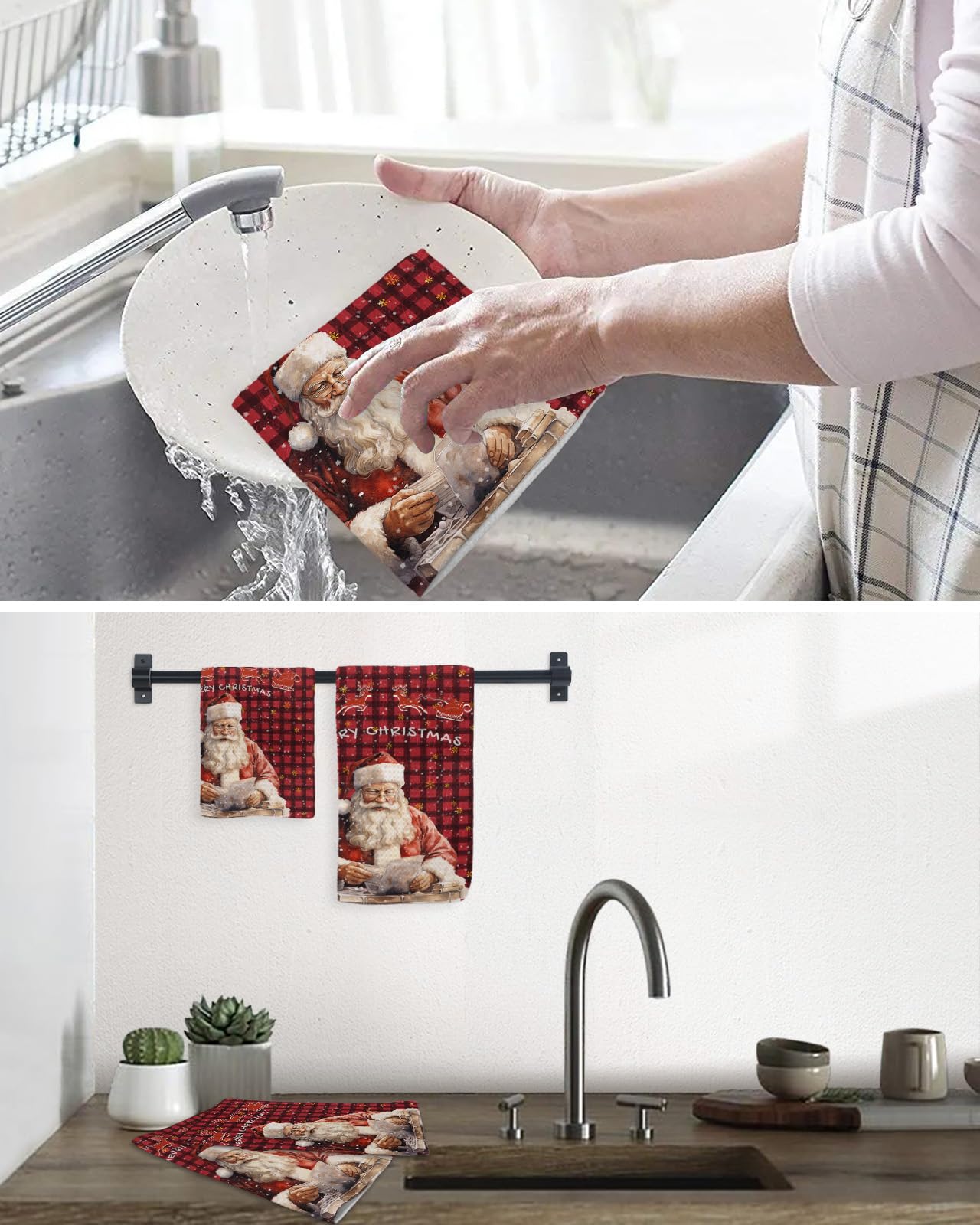 Onekaccu Watercolor Santa Claus Dish Towels Set, Waffle Weave Kitchen Towels Microfiber Towels Cleaning Christmas Elk Snowflake Red Soft Absorbent Dish Drying Towels Hand Towels 2 Pack 15.7x23.6 in