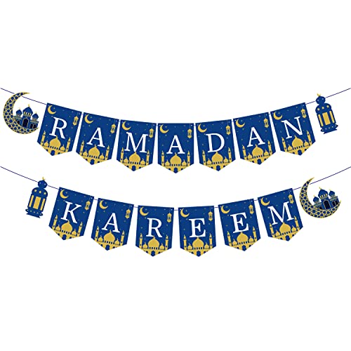 PTFNY Ramadan Kareem Banner Muslim Ramadan Mubarak Bunting Banner Garland Ramadan Kareem Decorations for Islamic Ramadan Eid Festival Celebration Mantle Fireplace Wall Party Decorations