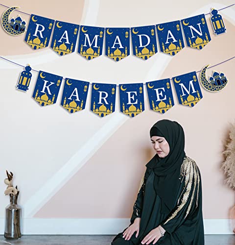 PTFNY Ramadan Kareem Banner Muslim Ramadan Mubarak Bunting Banner Garland Ramadan Kareem Decorations for Islamic Ramadan Eid Festival Celebration Mantle Fireplace Wall Party Decorations
