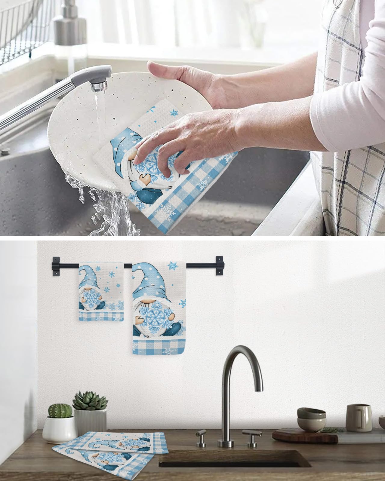 Blue Plaid Gnomes Winter Dish Towels Set, Waffle Weave Kitchen Towels Microfiber Towels Cleaning Christmas Snowflake Rustic Burlap Soft Absorbent Dish Drying Towels Hand Towels 2 Pack 15.7x23.6 In