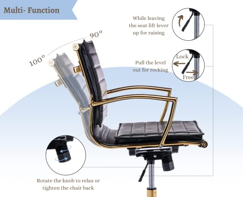 EALSON Modern Leather Desk Chair Ergonomic Office Chair with Wheels and Arms Gold Base Comfortable Computer Task Chair Adjustable Swivel Executive Chair for Home Office, Black