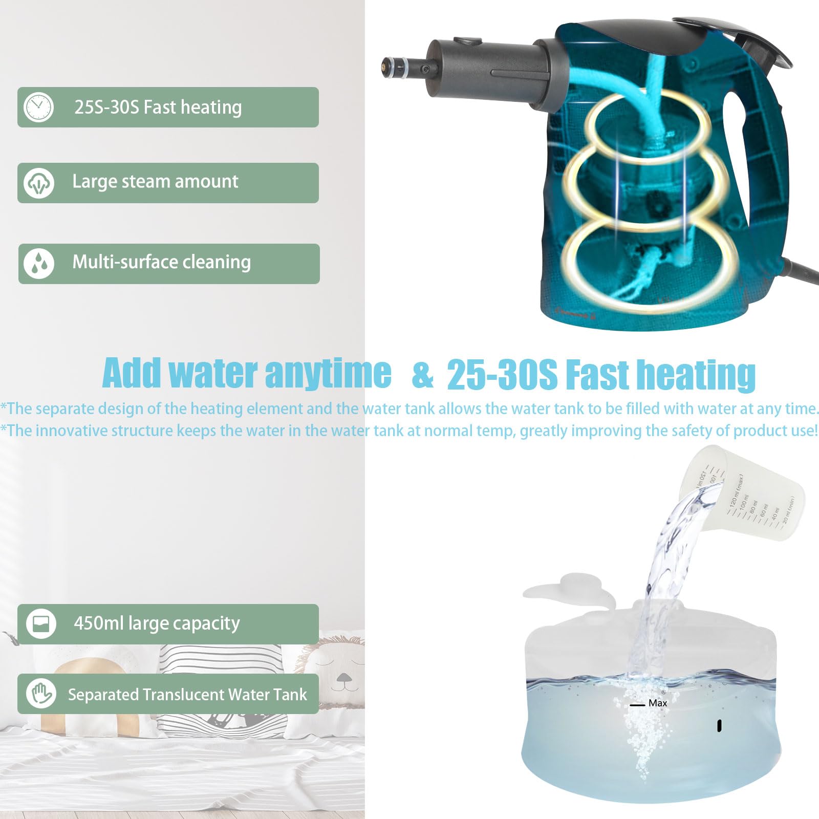 Vilucks Handheld Steam Cleaner, Upholstery Steamer for Cleaning, 25-30S Fast Heating Furniture Steam Cleaner, 12 in 1 Steamer for Home Use, Couch, Car, Sofa, Tile, Multi surface (Add Water at Anytime)