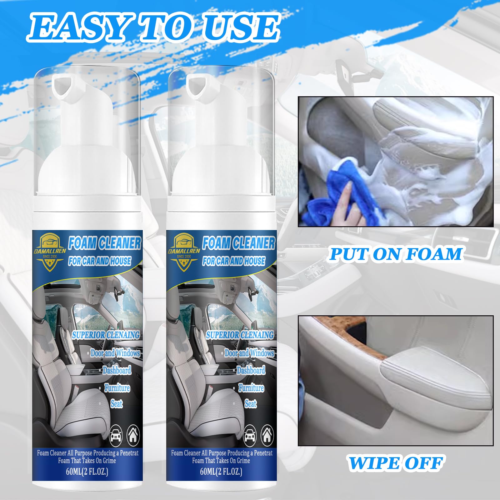 Foam Cleaner For Car, 2 Pack Interior Car Cleaning Kit for Car and House, Car Interior Cleaner Remove Stain from Leather, Carpet, Upholstery, Fabric, Lemon Flavor Car Detailing Kit Interior Cleaner