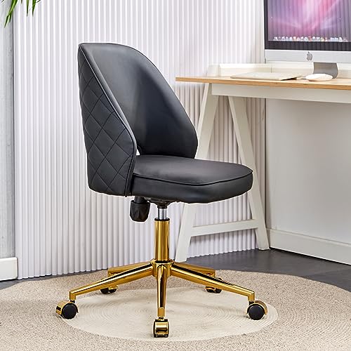 voqoomkl PU Home Office Chair, 360° Swivel Desk Chair with 5 Wheels and Gold Metal Base, Adjustable Height Armless Computer Chair for Living Room Bedroom Study, Black
