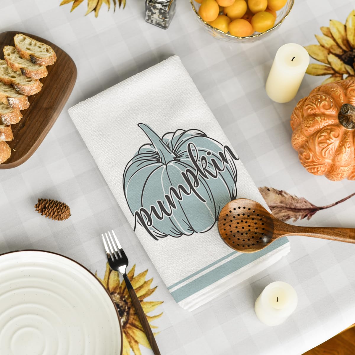 Artoid Mode Blue Watercolor Pumpkin Hello Fall Kitchen Towels Dish Towels, 18x26 Inch It's Fall Y'all Decoration Hand Towels Set of 4