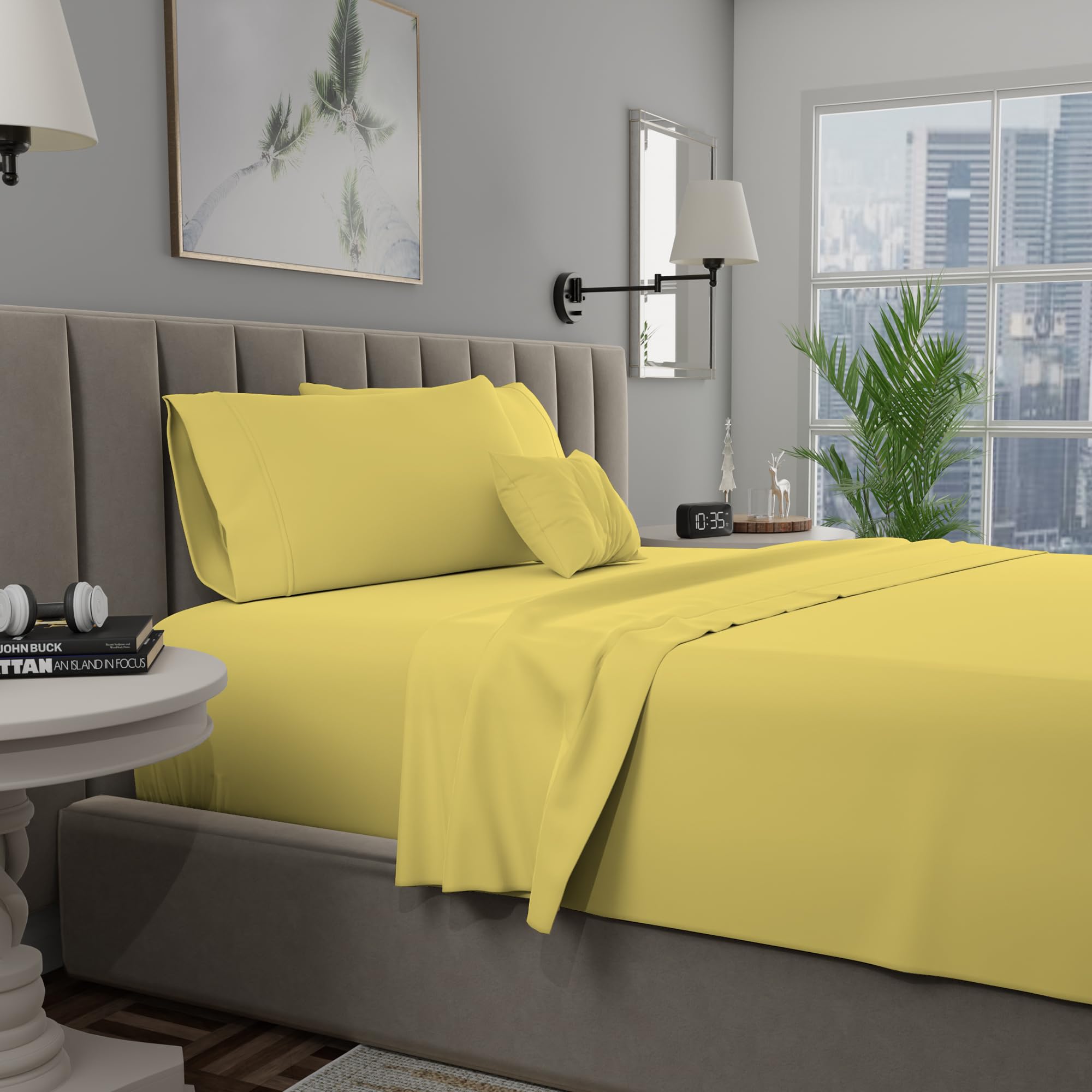 SUPREME ELEGANCE King Size Yellow Lemon Bed Sheet Set, 400TC Deep Pocket Bed Sheets for King Bed, 100% Cotton Fall Bedding Sheets, Deep Pockets Cooling Sheets for Gifting