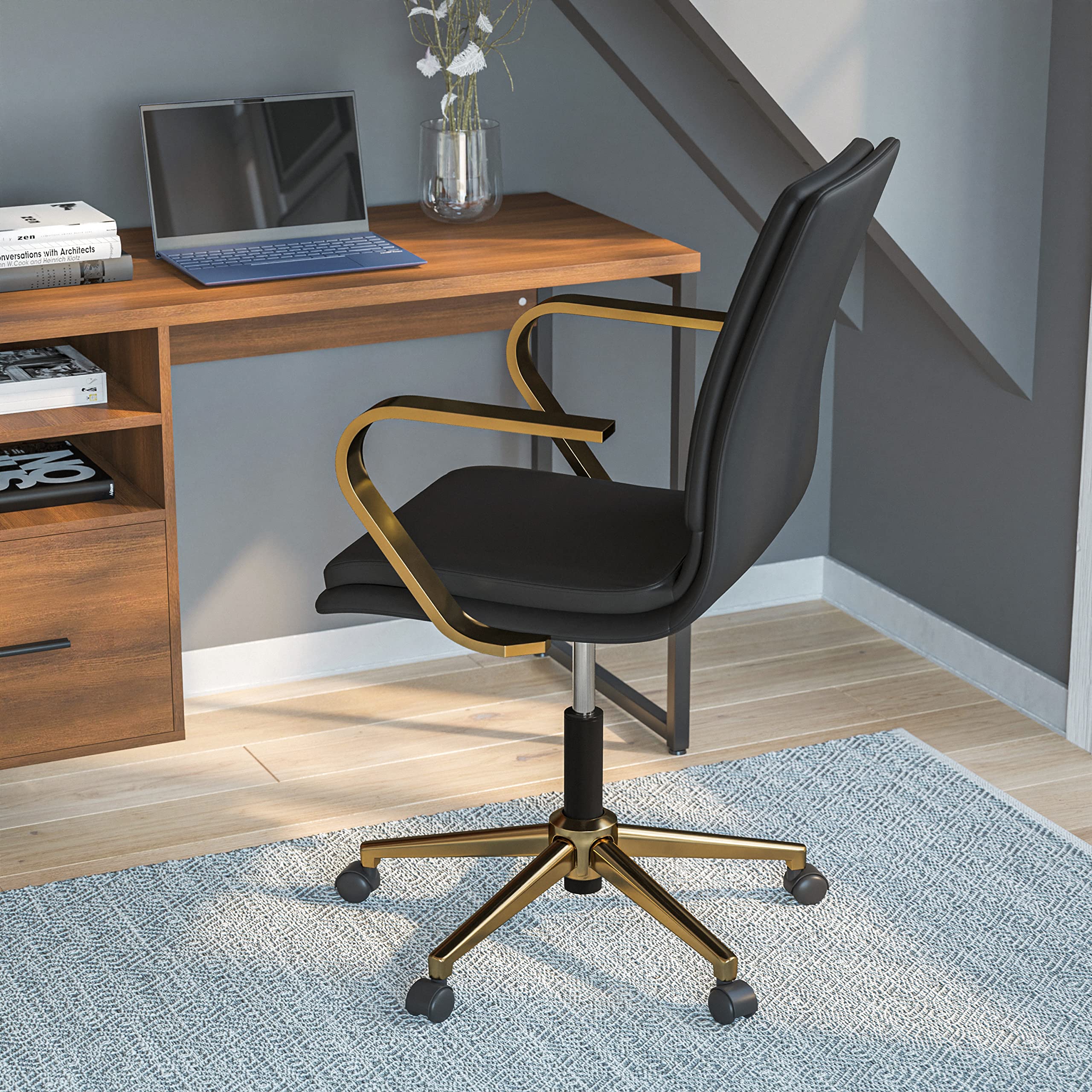 BizChair Mid-Back Designer Executive Office Chair - Black LeatherSoft Upholstery - Brushed Gold Base and Arms - Height Adjustable 360° Swivel Seat