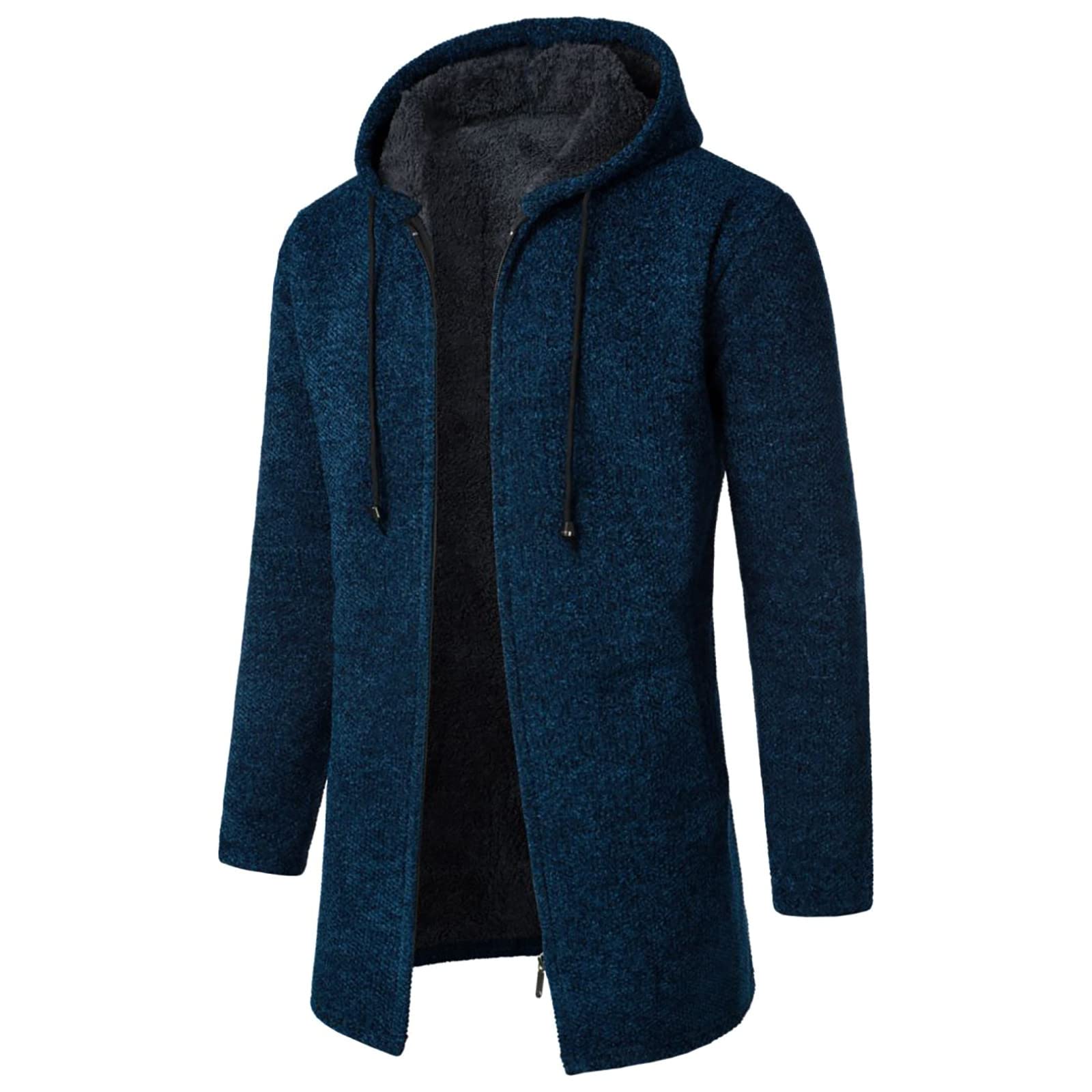 Crewneck Sweater, Men Sweater Mens Pullover Carlton Christmas Sweater Men's Medium Long Coat Hooded Plush Plaid Knitting Drawstring Coat Sweater Warm Solid Color Jackets Tops (XXL, Navy)