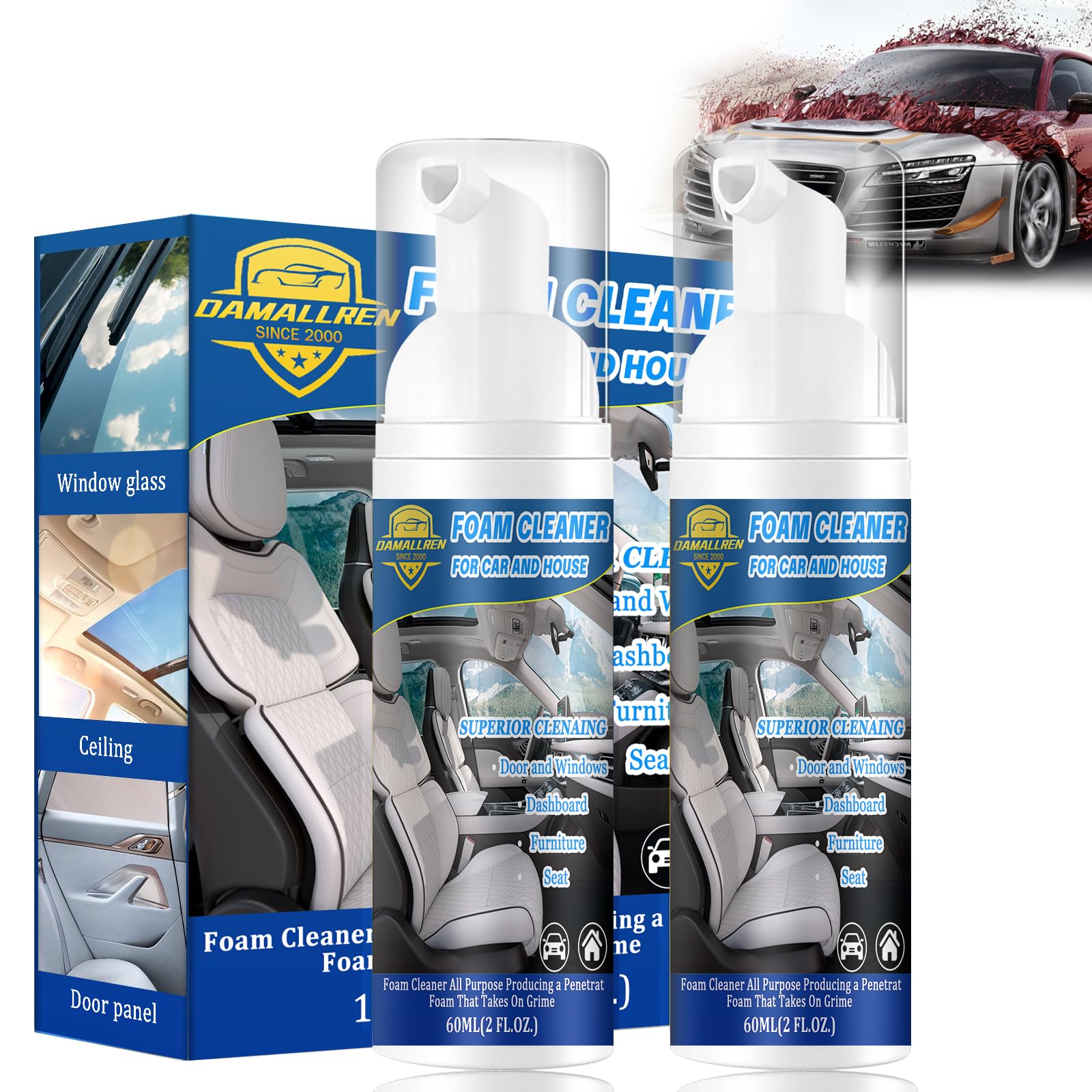 Foam Cleaner For Car, 2 Pack Interior Car Cleaning Kit for Car and House, Car Interior Cleaner Remove Stain from Leather, Carpet, Upholstery, Fabric, Lemon Flavor Car Detailing Kit Interior Cleaner