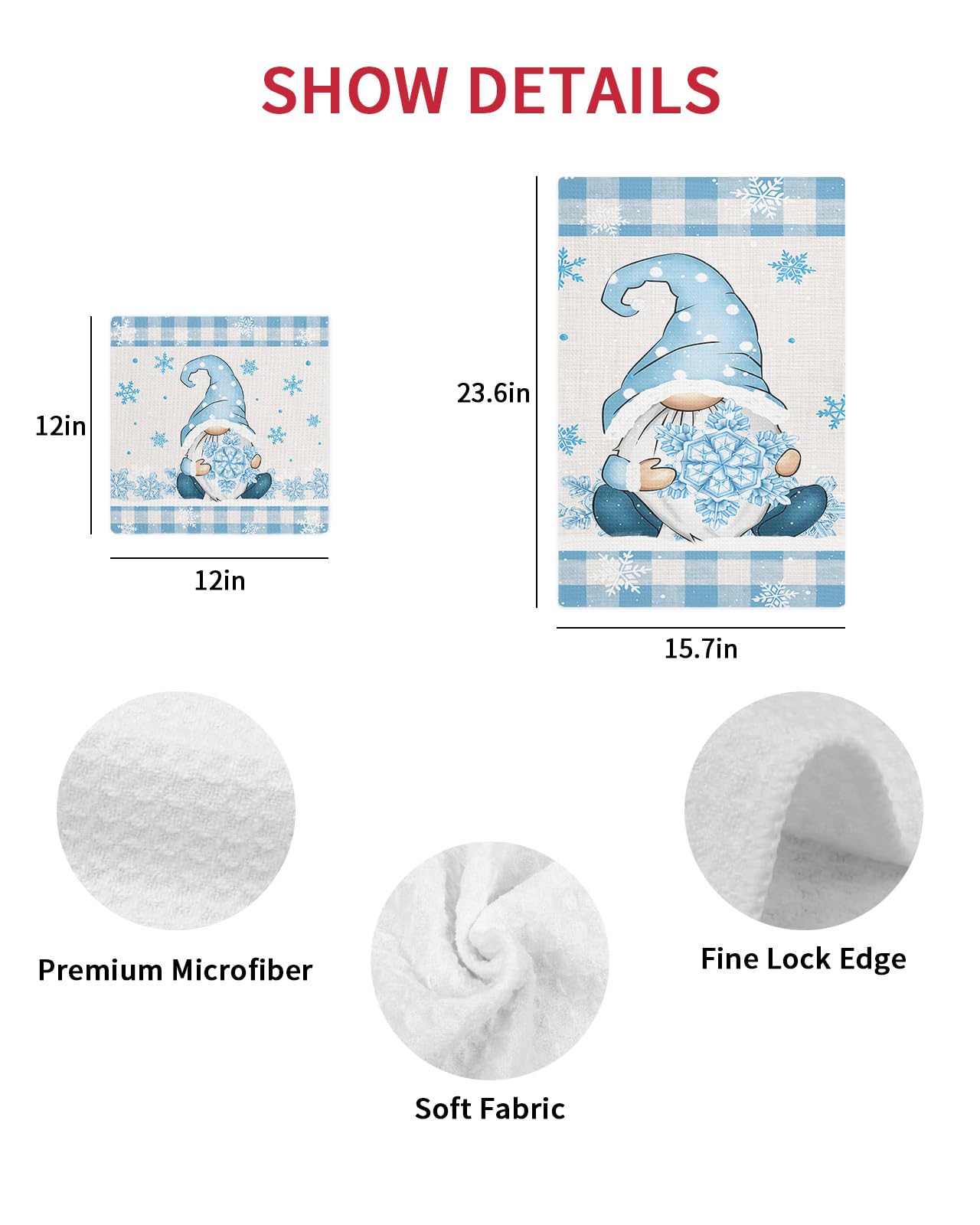 Blue Plaid Gnomes Winter Dish Towels Set, Waffle Weave Kitchen Towels Microfiber Towels Cleaning Christmas Snowflake Rustic Burlap Soft Absorbent Dish Drying Towels Hand Towels 2 Pack 15.7x23.6 In