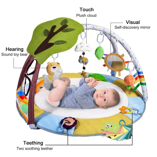 Lupantte Baby Gym Play Mat with 9 Toys for Sensory and Motor Skill Development Language Discovery, Thicker Non-Slip Baby Activity Gym with Ball Pit, Green Tree for Newborns, Babies to Toddlers as Gift