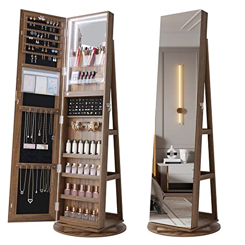 HNEBC LED Light Jewelry Organizer Mirror 360°Rotating, Armoire with Door Mirror, Full Length Cabinet Storage, Large Boxes & Organizers(A Light Brown)