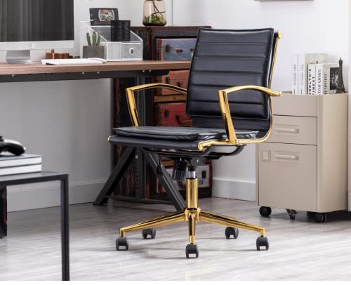 EALSON Modern Leather Desk Chair Ergonomic Office Chair with Wheels and Arms Gold Base Comfortable Computer Task Chair Adjustable Swivel Executive Chair for Home Office, Black